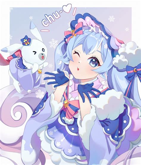 初音ミク 雪ミク しらの丸さんの雪ミクさんとユキネさん チュッとこちらに向かって投げキッスをする姿 piapro ピアプロ のイラスト
