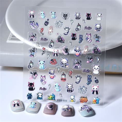 【meowsensei】狂歡派對魔法貓咪指甲貼5d浮雕幽靈美甲貼畫 新款防水 蝦皮購物