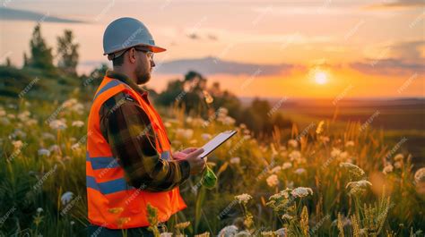 An Engineer Analyzing Environmental Data In The Field Premium Ai