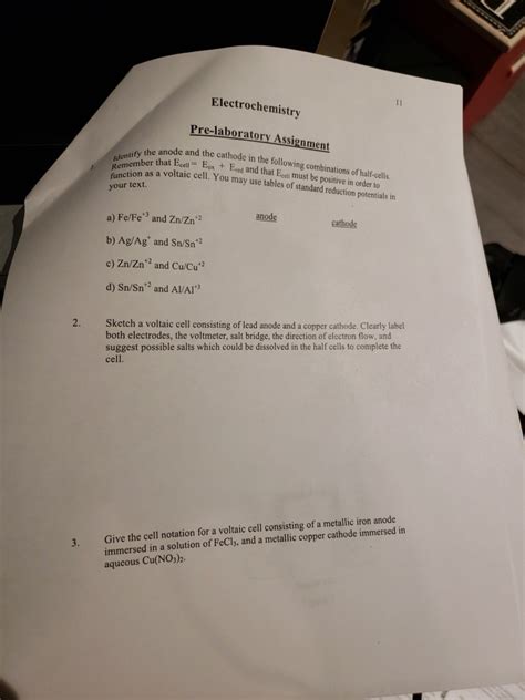 Solved Electrochemistry Pre LaboratorY Assignment Chegg
