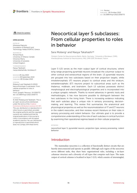 Pdf Neocortical Layer 5 Subclasses From Cellular Properties To Roles In Behavior