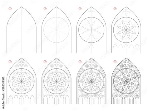 How To Draw Step Wise Sketch Of Gothic Stained Glass Window With Rose Creation Step By Step