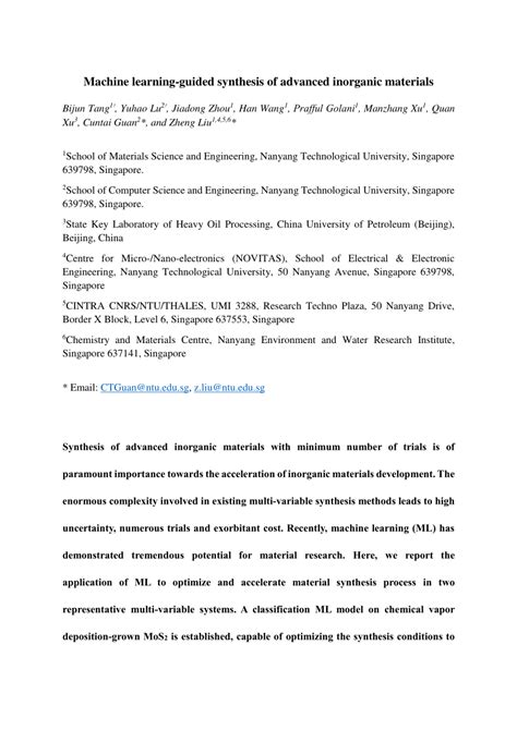 Pdf Machine Learning Guided Synthesis Of Advanced Inorganic Materials Preprint