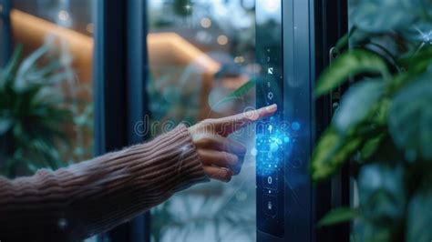 Smart Door Lock Woman Entering Password On Touch Screen Keypad Stock