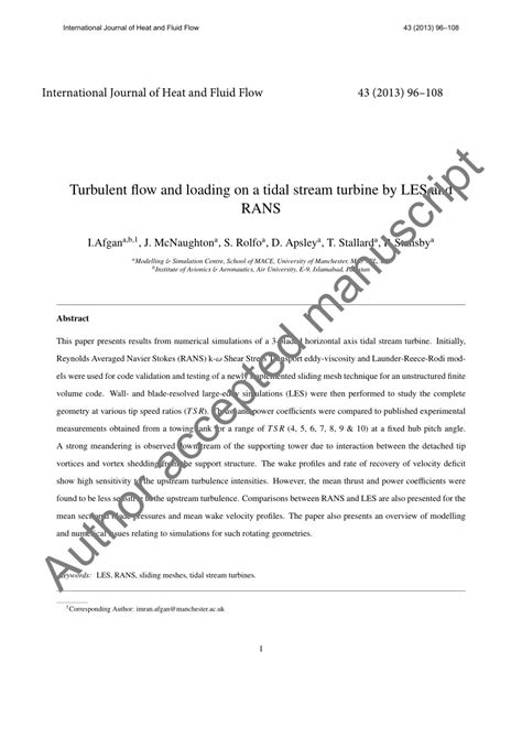 Pdf Turbulent Flow And Loading On A Tidal Stream Turbine By Les And Rans