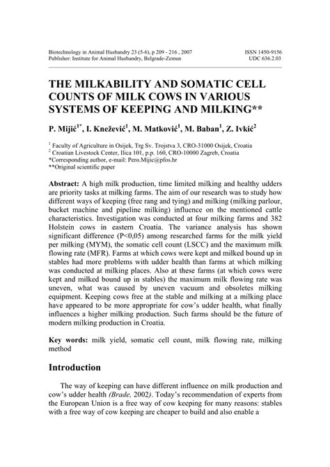 Pdf The Milkability And Somatic Cell Counts Of Milk Cows In Various