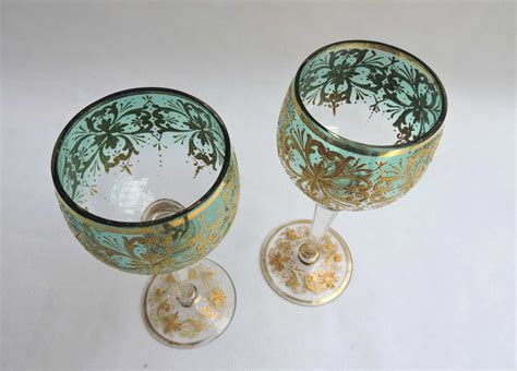Pair Of Austrian Moser Stemmed Crystal Wine Glasses With Raised Gold 19th Century Bernardis