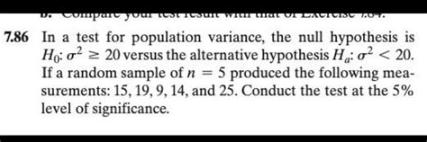 solved 86 in a test for population variance the null