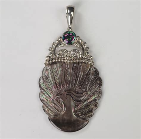Sajen Signed Sterling Silver Carved Abalone Peacock Pendant Mystic