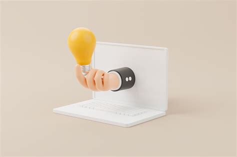 배경에 컴퓨터 노트북과 전구를 들고 손 최소한의 디자인 창의적인 아이디어와 혁신의 개념 3d 렌더링 그림 3차원 형태에 대한 스톡 사진 및 기타 이미지 Istock