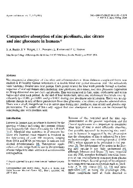 Pdf Comparative Absorption Of Zinc Picolinate Zinc Citrate And Zinc Gluconate In Humans