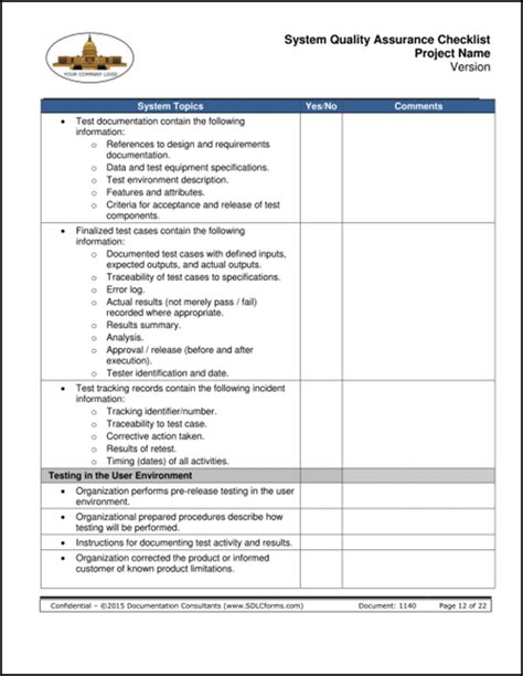 SDLCforms System Quality Assurance Checklist
