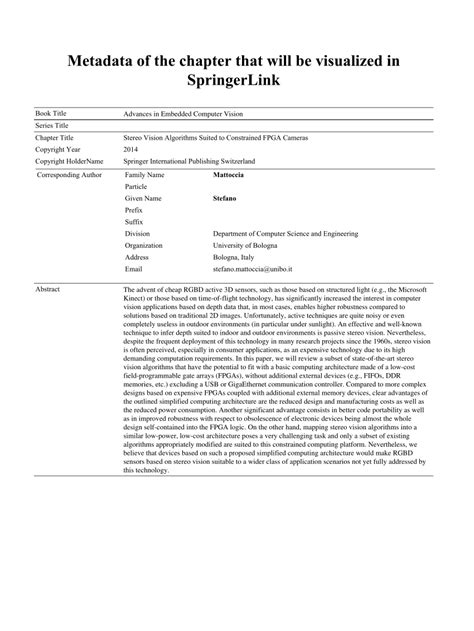 Pdf Stereo Vision Algorithms Suited To Constrained Fpga Cameras