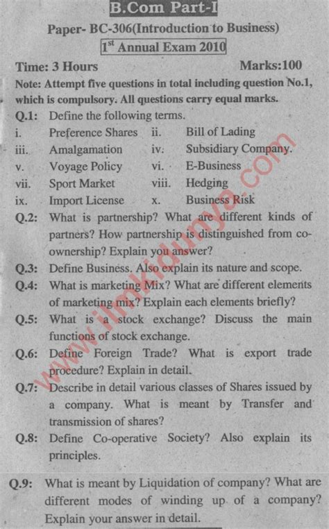 Past Paper 2010 Bcom Introduction To Business Part 1 Of Sargodha University