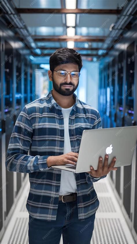 Young Indian Software Engineer Using Laptop Computer In Data Center Looking At Camera Premium