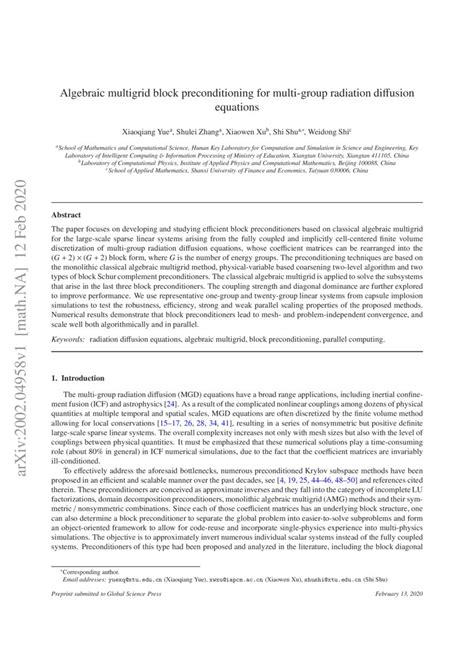 Algebraic Multigrid Block Preconditioning For Multi Group Radiation Diffusion Equations Deepai