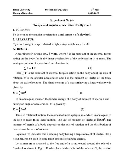 Experiment No 4 Torque And Angular Acceleration Of A Flywheel Pdf