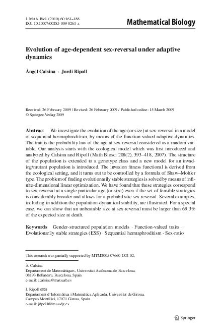 Pdf Evolution Of Age Dependent Sex Reversal Under Adaptive Dynamics