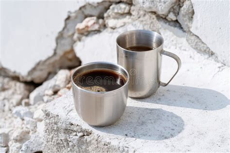 Steel Mugs With Coffee On A Stone Ledge Stock Illustration