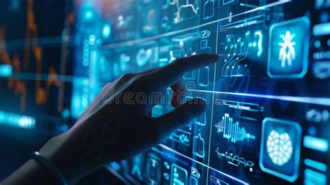 futuristic interface interaction close up of hand touching digital screen high tech control