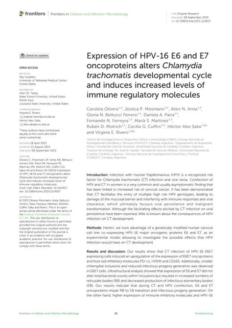 Expression Of Hpv 16 E6 And E7 Oncoproteins Alters Chlamydia Trachomatis Developmental Cycle And