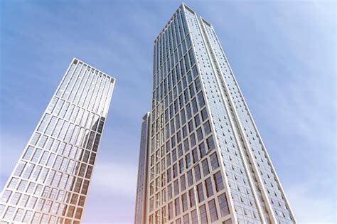 현대 아파트 건물의 건축 세부 사항 푸른 하늘 아래 톤 유리와 강철 구조로 만든 파란색 커튼 월 화창한 날에 유리 외관 0명에 대한 스톡 사진 및 기타 이미지 Istock