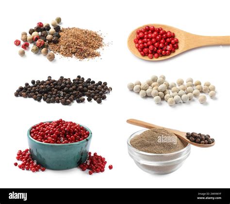 Aromatic Spices Different Types Of Peppercorns And Ground Pepper Isolated On White Set Stock