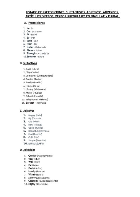 Preposiciones Resumen Inglés I Listado De Preposiciones