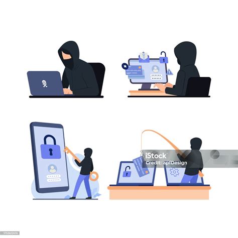 해커와 사이버 범죄자가 랩톱 컴퓨터로 기밀 데이터를 훔치는 집합 컴퓨터 해커에 대한 스톡 벡터 아트 및 기타 이미지 컴퓨터 해커 타자 치기 노트북 Istock