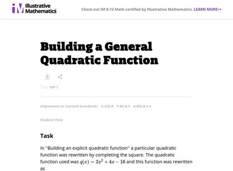 Illustrative Mathematics F Bf A Sse Building A General Quadratic Function Lesson Plan For 9th