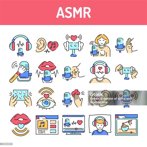Asmr 색상 선 아이콘 세트 소리를 즐기는 상징으로 자율 감각 자오선 응답 음파 감각 지각에 대한 스톡 벡터 아트 및 기타