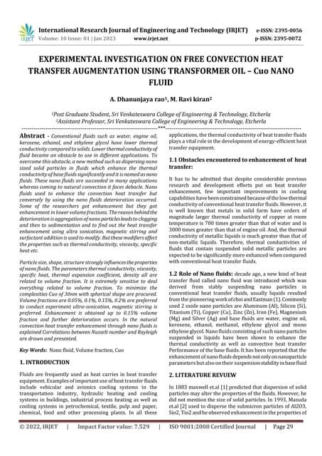 Experimental Investigation On Free Convection Heat Transfer Augmentation Using Transformer Oil