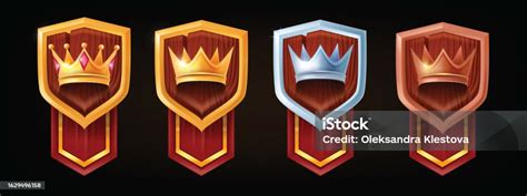 3d 게임 방패 배지 벡터 세트 중세 Rpg 왕관 나무 기사 순위 엠블럼 레벨 업 1위에 대한 스톡 벡터 아트 및 기타 이미지