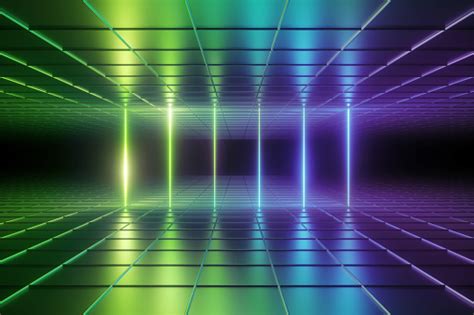 3d 렌더링 추상적인 배경 빈 방 나이트 클럽 무대 네온 조명 매트릭스 가상 현실 환경 그리드 자외선 스펙트럼 레이저 쇼 빛나는 라인 케이지 네온에 대한 스톡 사진 및 기타