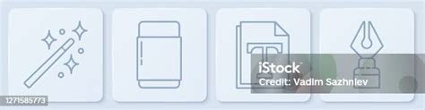 세트 라인 매직 지팡이 텍스트 파일 문서 지우개 또는 고무및 만년필 펜촉 흰색 정사각형 버튼 벡터 0명에 대한 스톡 벡터 아트