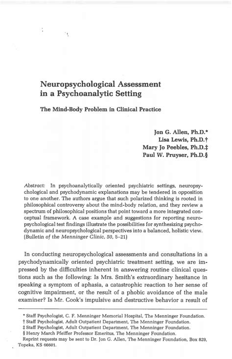 Pdf Neuropsychological Assessment In A Psychoanalytic Setting The