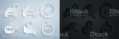 위치 마커 나침반 택시 호출 전화 서비스 스톱워치 24 시간 자동차 및지도 포인터 택시 아이콘으로 접힌지도를 설정합니다 벡터 24에 대한 스톡 벡터 아트 및 기타 이미지