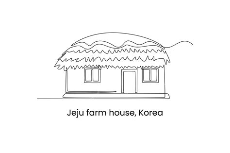 한국 전통 가옥 개념의 단일 선 그리기 초가 집 연속 선 그리기 디자인 그래픽 벡터 일러스트 레이션 프리미엄 벡터