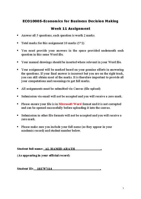Week 11 Assignment Eco10005 Economics For Business Decision Making