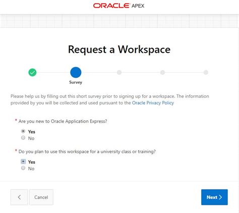 first step to learn oracle apex create a workspace learning database by example