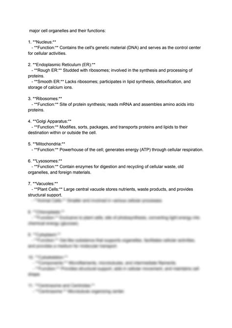 Solution Major Cell Organelles And Their Functions Studypool