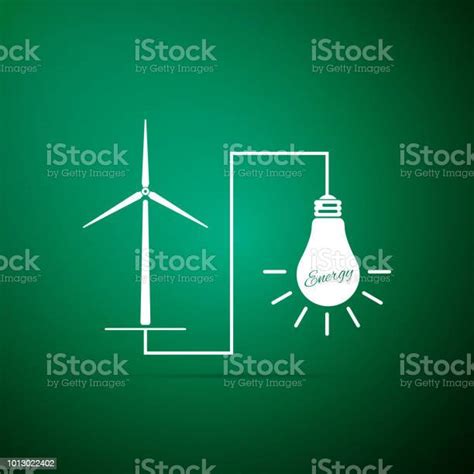 바람 밀 터빈 생성 전력 에너지와 녹색 배경에 고립 된 빛나는 전구 아이콘 자연 재생 에너지 생산 바람 밀스를 사용 하 여입니다