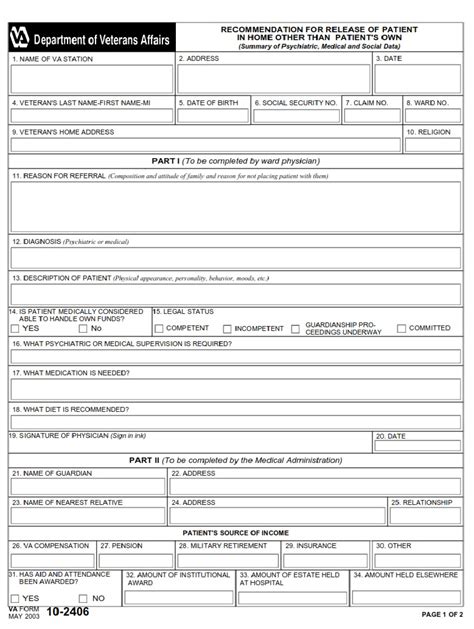 Va Form 10 2406 Recommendation For Release Of Patient In Home Other