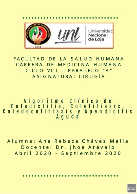 Algoritmo Clinico DE Colecistitis Colelitiasis Coledocolitiasis Apendicitis Aguda Contenido