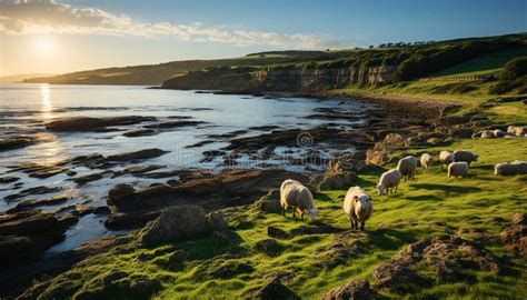 Tranquil Sunset Over Green Meadow Grazing Cattle Generated By Ai Stock Image Image Of Grass