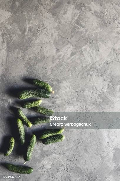 회색 콘크리트 배경에 신선한 녹색 잘 익은 오이 흩어져 있는 오이 테이블에 거킨스 건강한 식생활에 대한 스톡 사진 및 기타