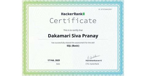 Siva Pranay Dakamari On Linkedin Hackerrank Skill Certificate
