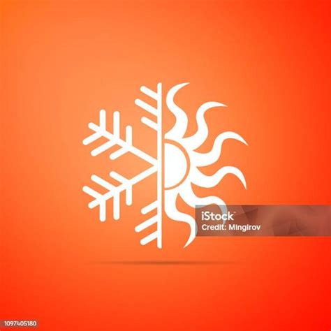 따뜻한 것과 차가운 기호입니다 태양과 눈송이 아이콘 오렌지 배경에 고립입니다 겨울과 여름 기호입니다 평면 디자인입니다 벡터 일러스트 레이 션 0명에 대한 스톡 벡터 아트 및