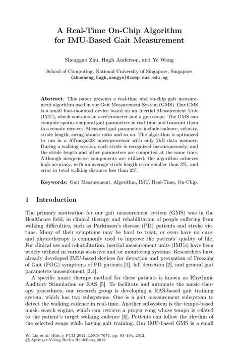 Pdf A Real Time On Chip Algorithm For Imu Based Gait Measurement