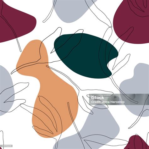 추상적 인 기하학적 모양 잎 자연 미적 질감 파스텔 따뜻한 톤과 원활한 패턴 포스터 카드 배너 표지 직물 직물 포장을위한 현대 유행 그래픽 디자인 템플릿 0명에 대한 스톡